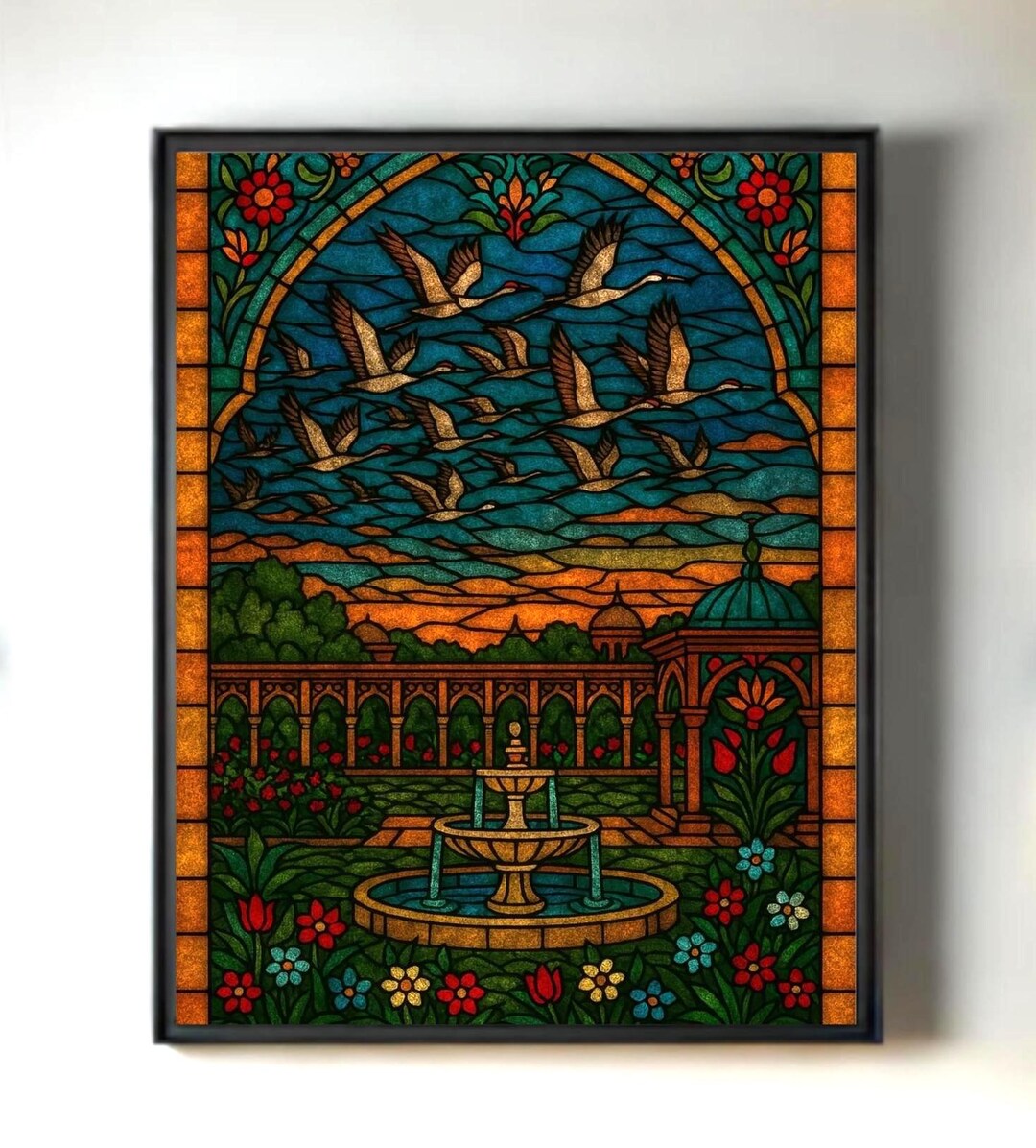 Terracotta & Blue Ottoman Garden Wall Art – Birds and Fountain Digital ...
