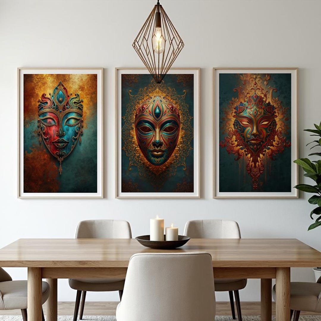 Sacred Mask Art Set of 3 – Mystical Ritual Wall Decor | Spiritual ...