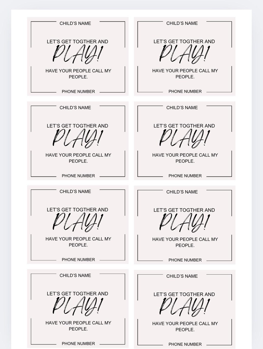 Classy Pink Play Date Invites | Play Date Calling Cards | Play Date ...