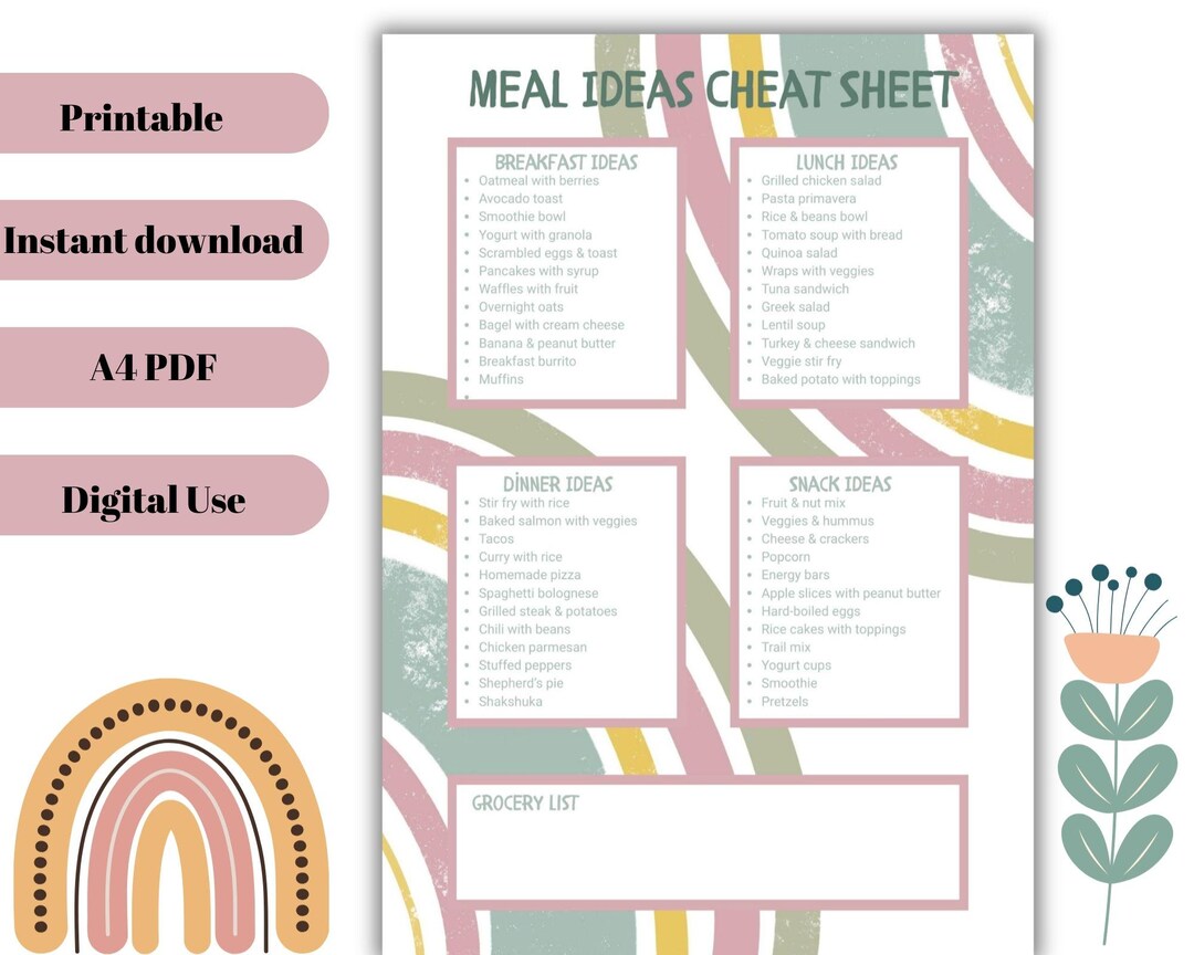 Meal Ideas Cheat Sheet for Quick and Easy Weekly Planning Printable and ...
