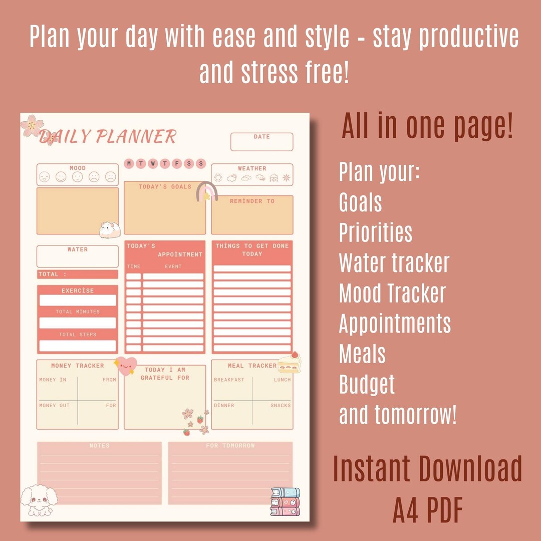 Daily Planner Printable Productivity Organizer Cute Minimal to Do List ...