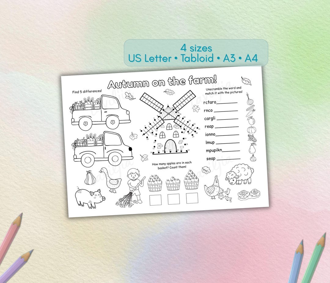 Fall Activity Placemat: Farm Animals Coloring Page (digital Download ...