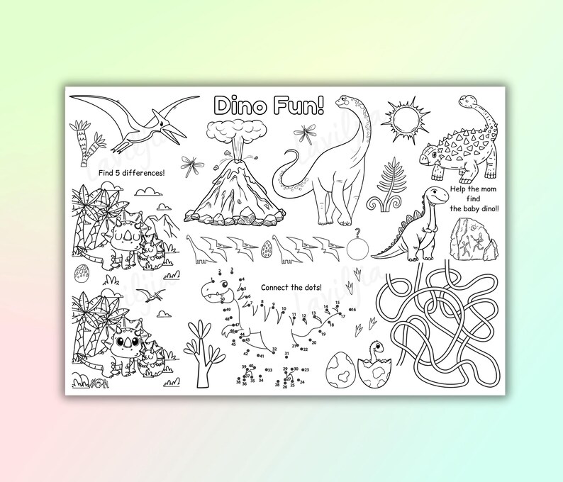 EDITABLE Dinosaur Party Placemat. Coloring & Game Table Decoration. Kid ...