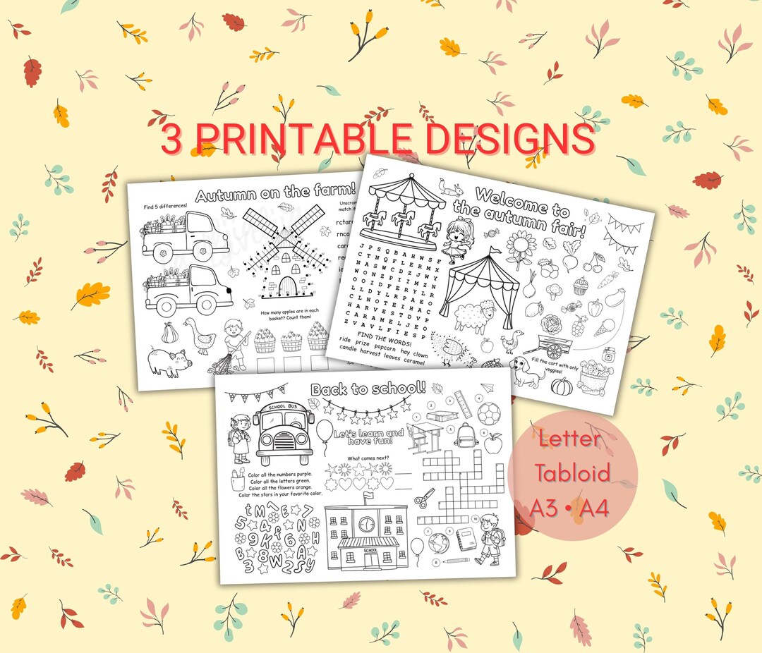 Fall Activity Placemat Set: Farm, School, Harvest - Printable Coloring ...