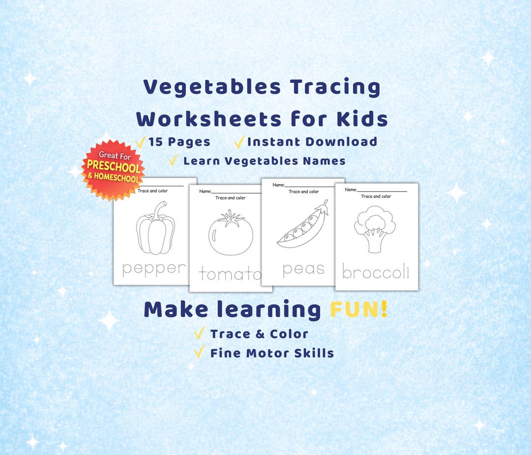Vegetable Tracing Worksheets for Kids | Trace and Color Printable ...