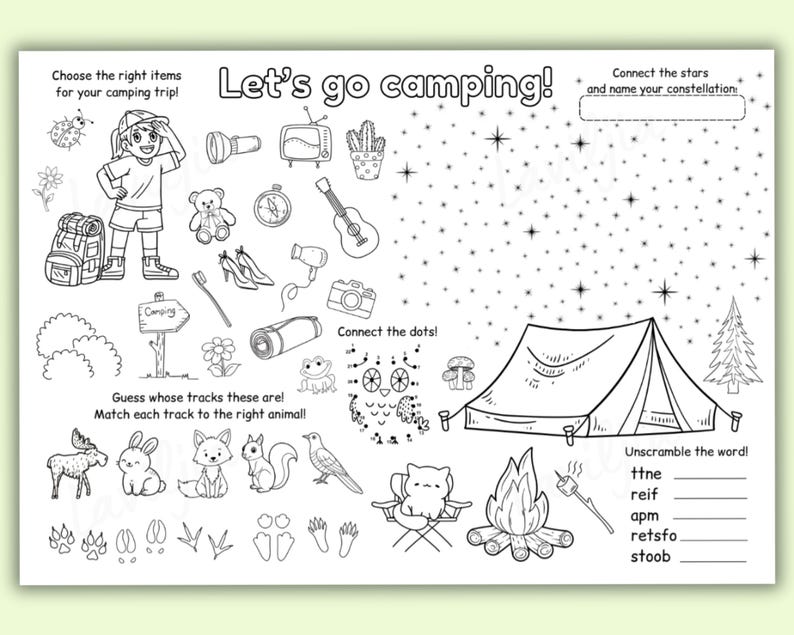 Camping Coloring Placemat DIGITAL | Happy Camper Activity Party ...