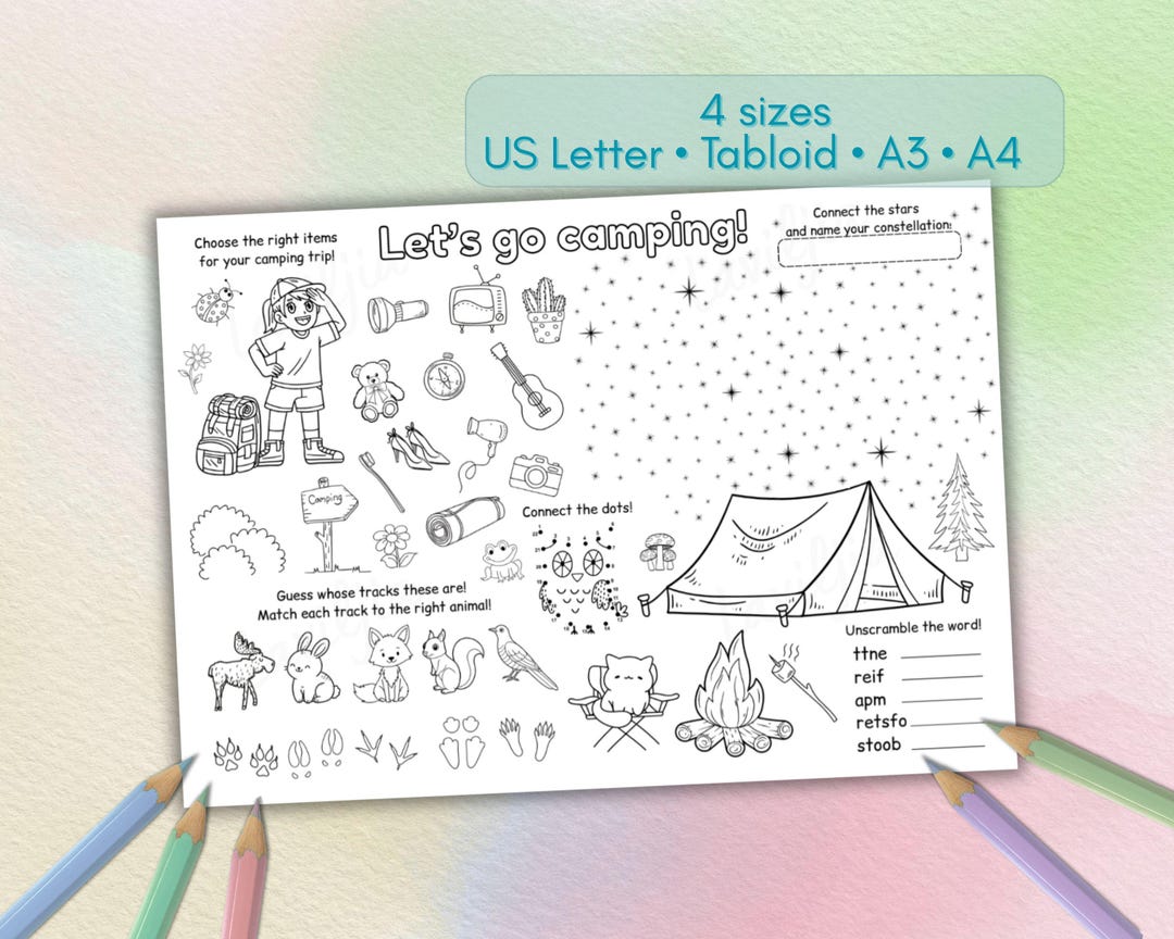 Camping Coloring Placemat DIGITAL | Happy Camper Activity Party ...