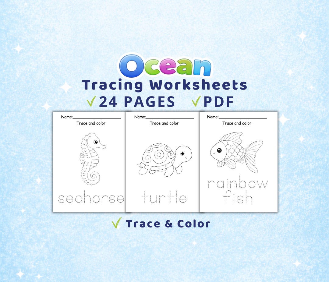 Ocean Tracing Worksheets for Kids | Sea Animals Trace and Color ...