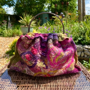 Hand Felted Handbag - Felted Purse - Purple Pink Green - Nuno Felted ...