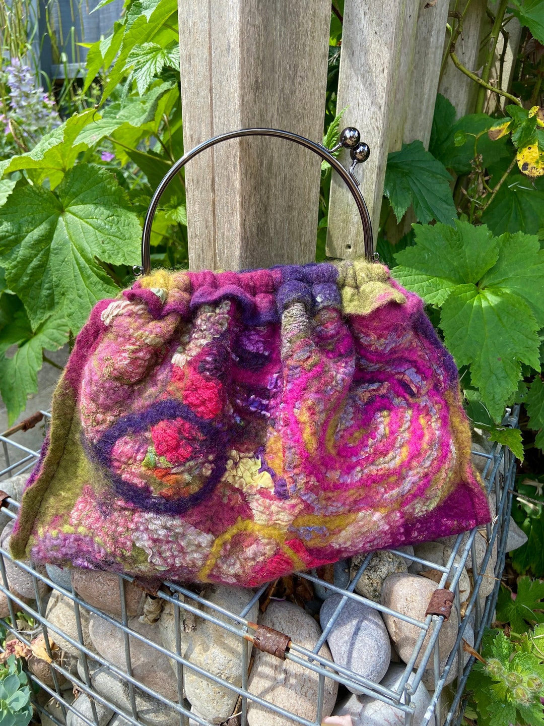 Hand Felted Handbag - Felted Purse - Purple Pink Green - Nuno Felted ...