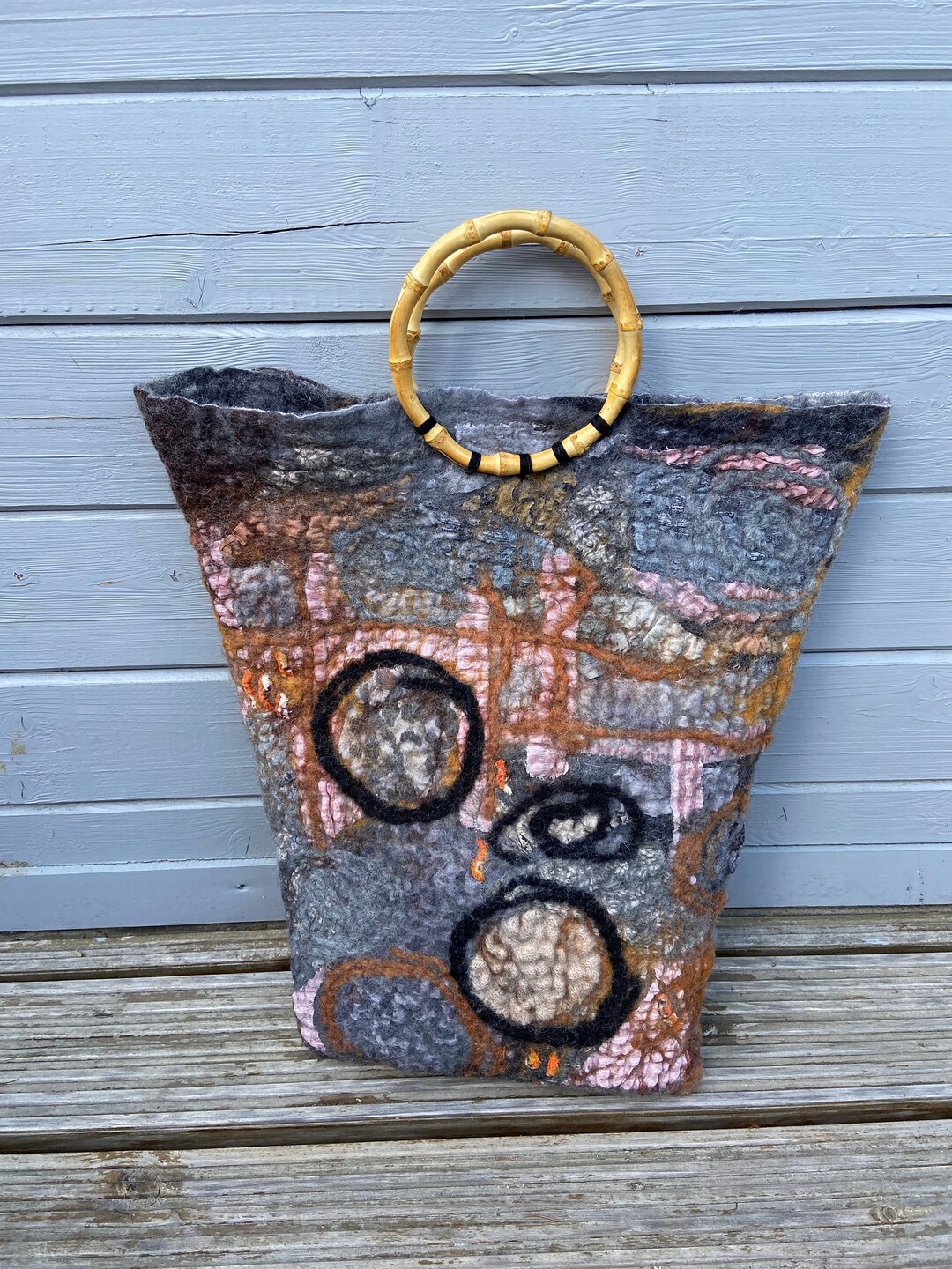 Hand Felted Tote Bag - Reversible - Bamboo Handles -grey Rust Mustard ...