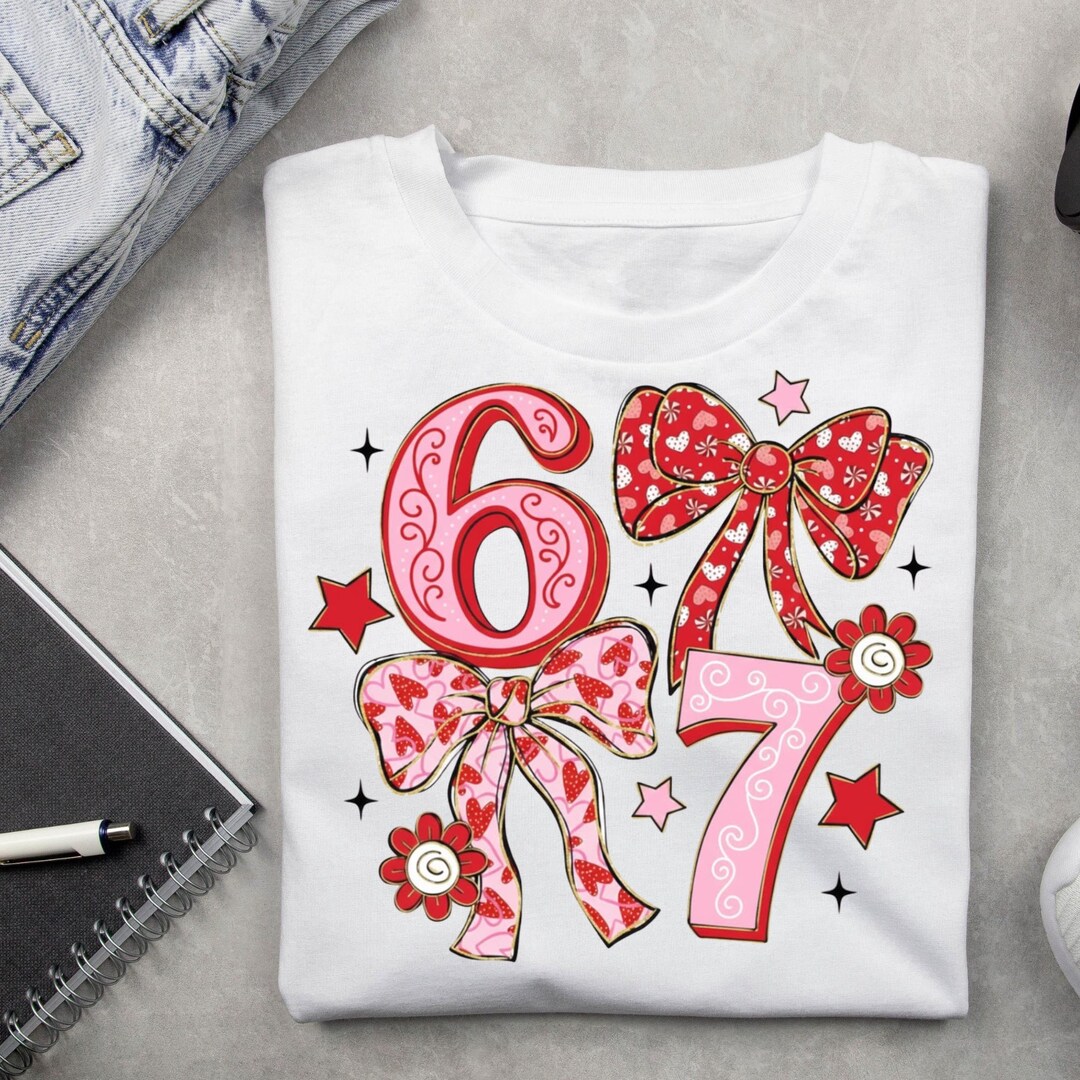 Coquette Valentine Numbers 6 7 Design | Pink Bow Shirt Graphic (digital ...