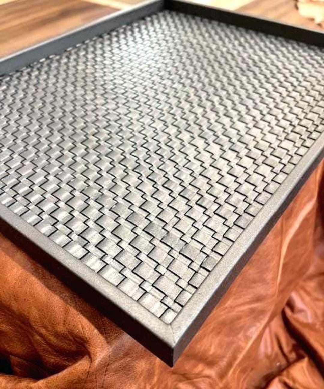 Leather Covered Tray With Woven Inlay. Gun Metal, Chrome, Modern, Chic ...