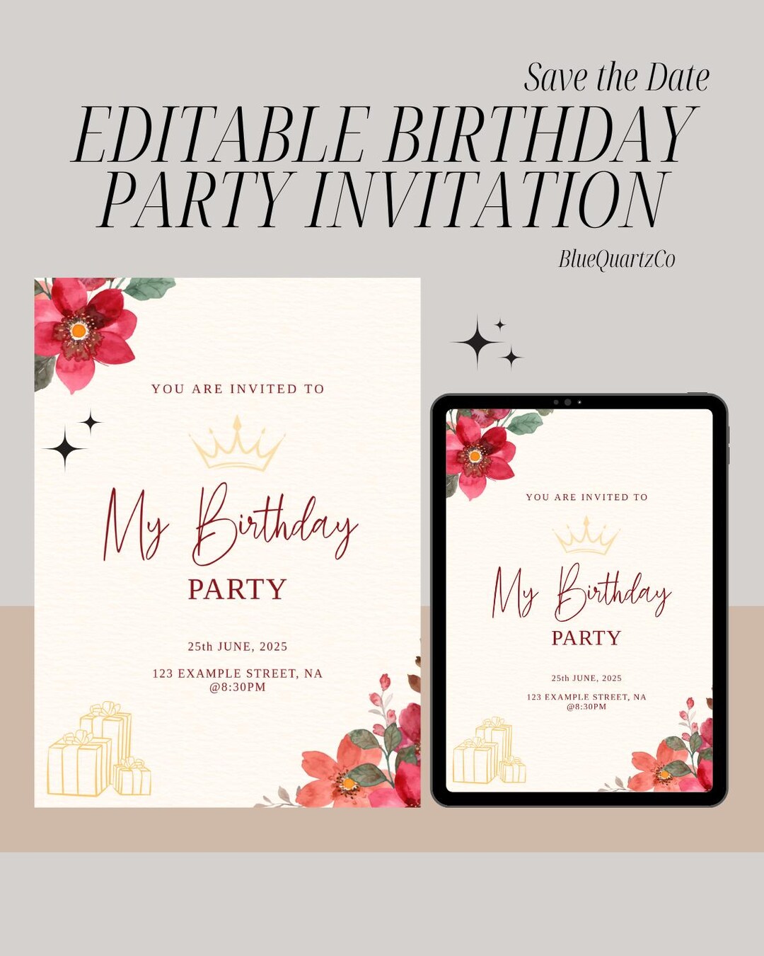 Editable Birthday Party Invitation, Modern Classic Party Invite ...