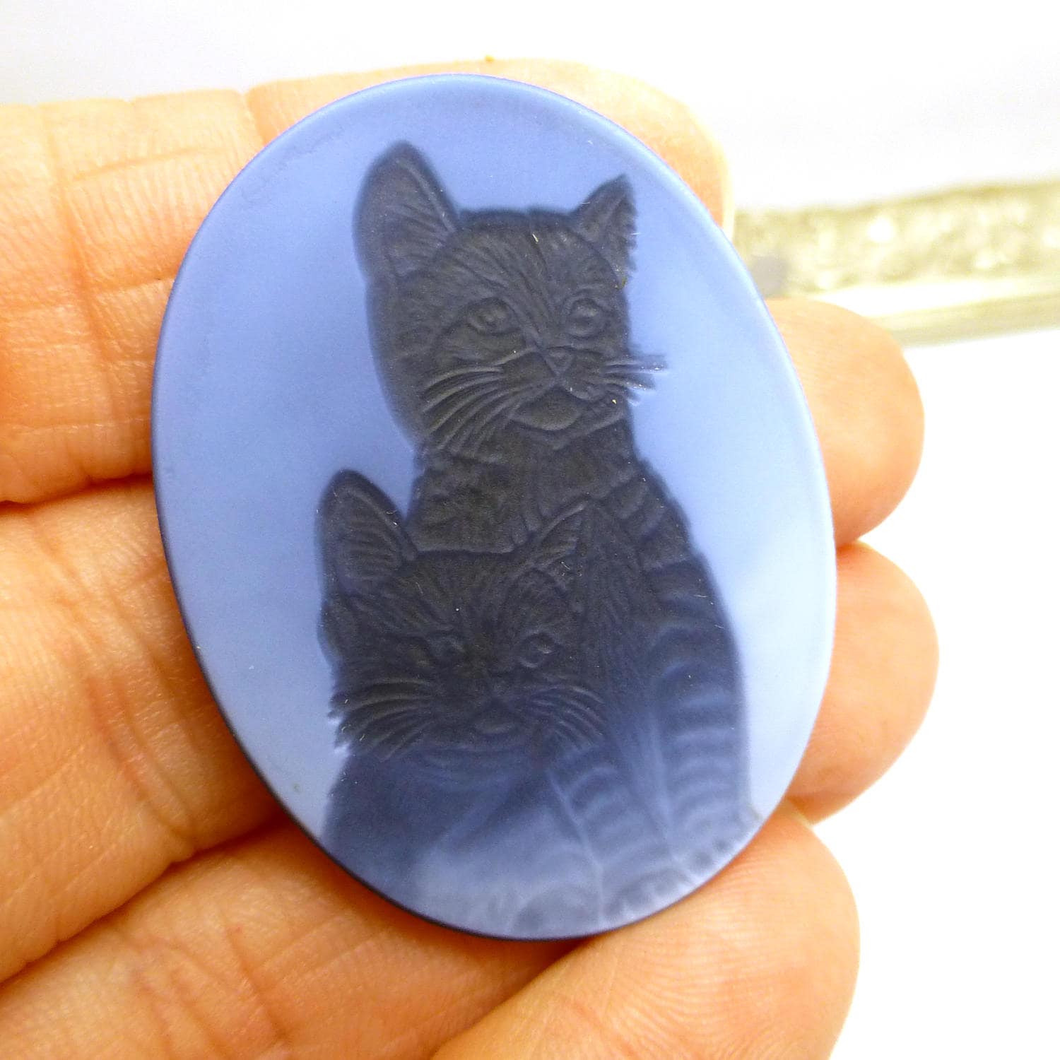 Cameo Cabochon Cat Carved Blue Chalcedony Black White Onyx - Etsy