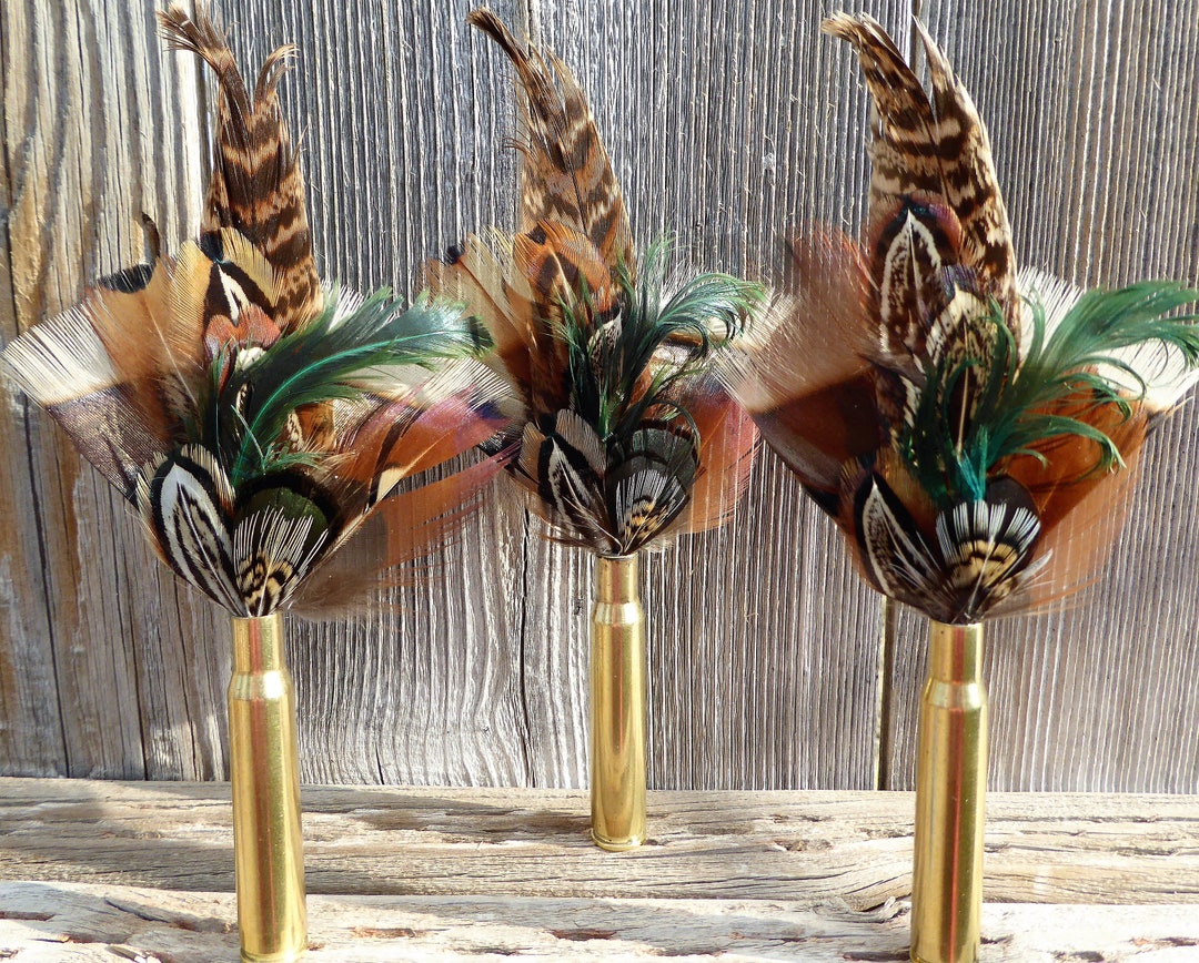 Rifle Brass Bullet Casing, Feather Boutonnière, Pheasant, Turkey, Duck, Pampas, Eucalyptus ...
