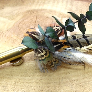 Rifle Brass Bullet Casing, Feather Boutonnière, Pheasant, Turkey, Duck, Pampas, Eucalyptus ...