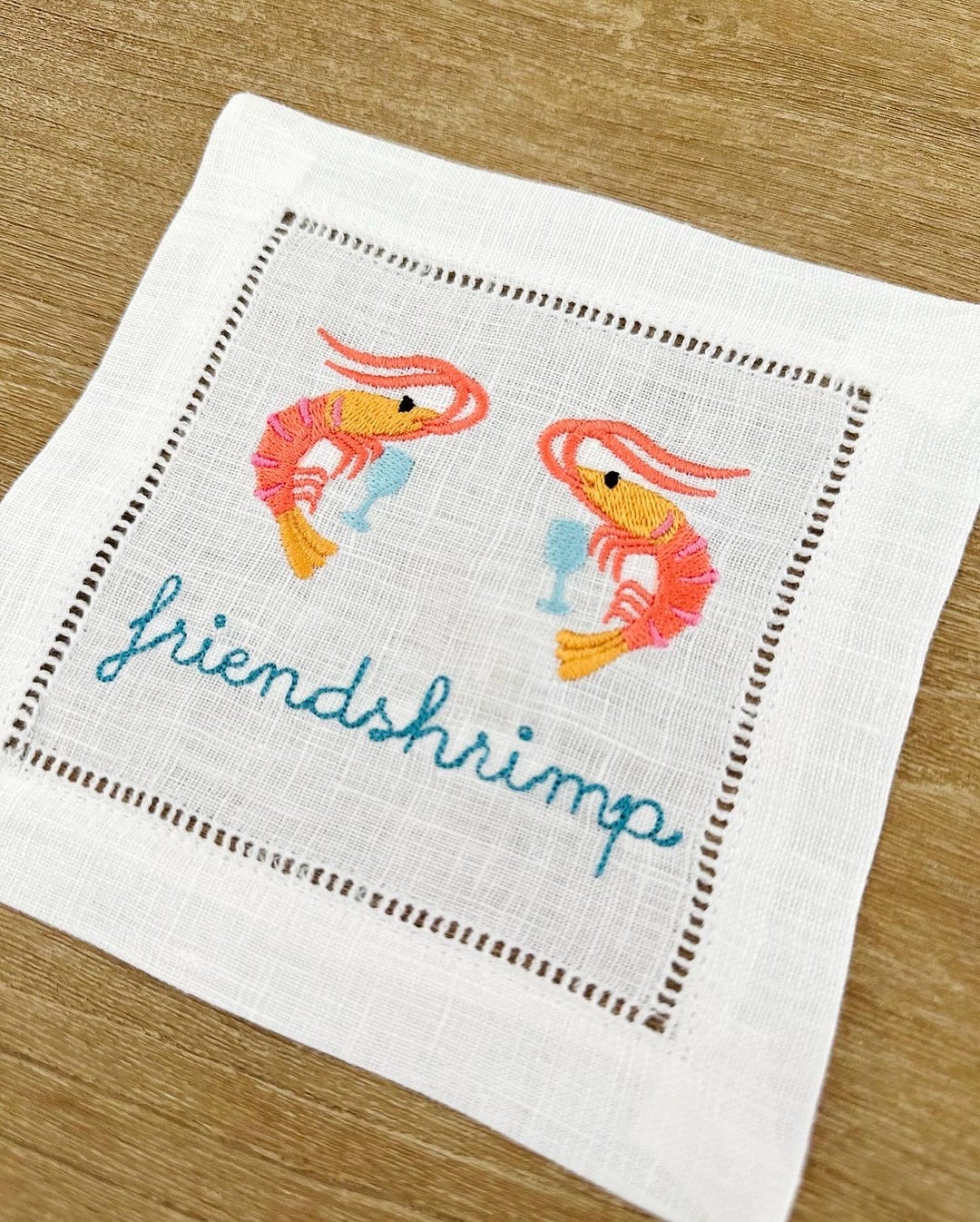 Friendshrimp Shrimp Embroidered Cocktail Napkin | 6x6 Hemstitch Linen ...