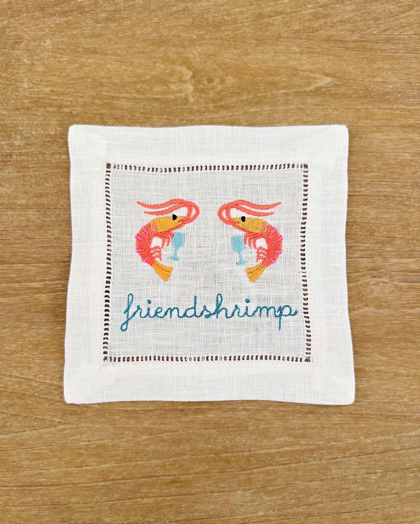Friendshrimp Shrimp Embroidered Cocktail Napkin | 6x6 Hemstitch Linen ...