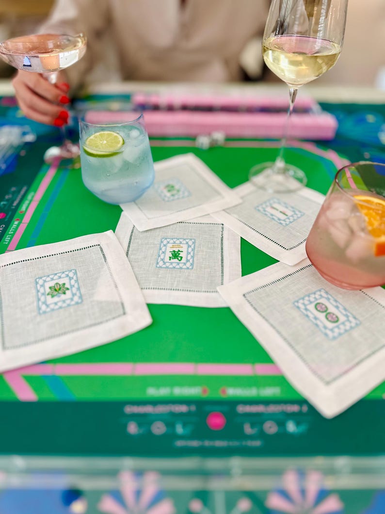 Mahjong Tile Embroidered Cocktail Napkin | 6x6 Hemstitch Linen Coaster ...
