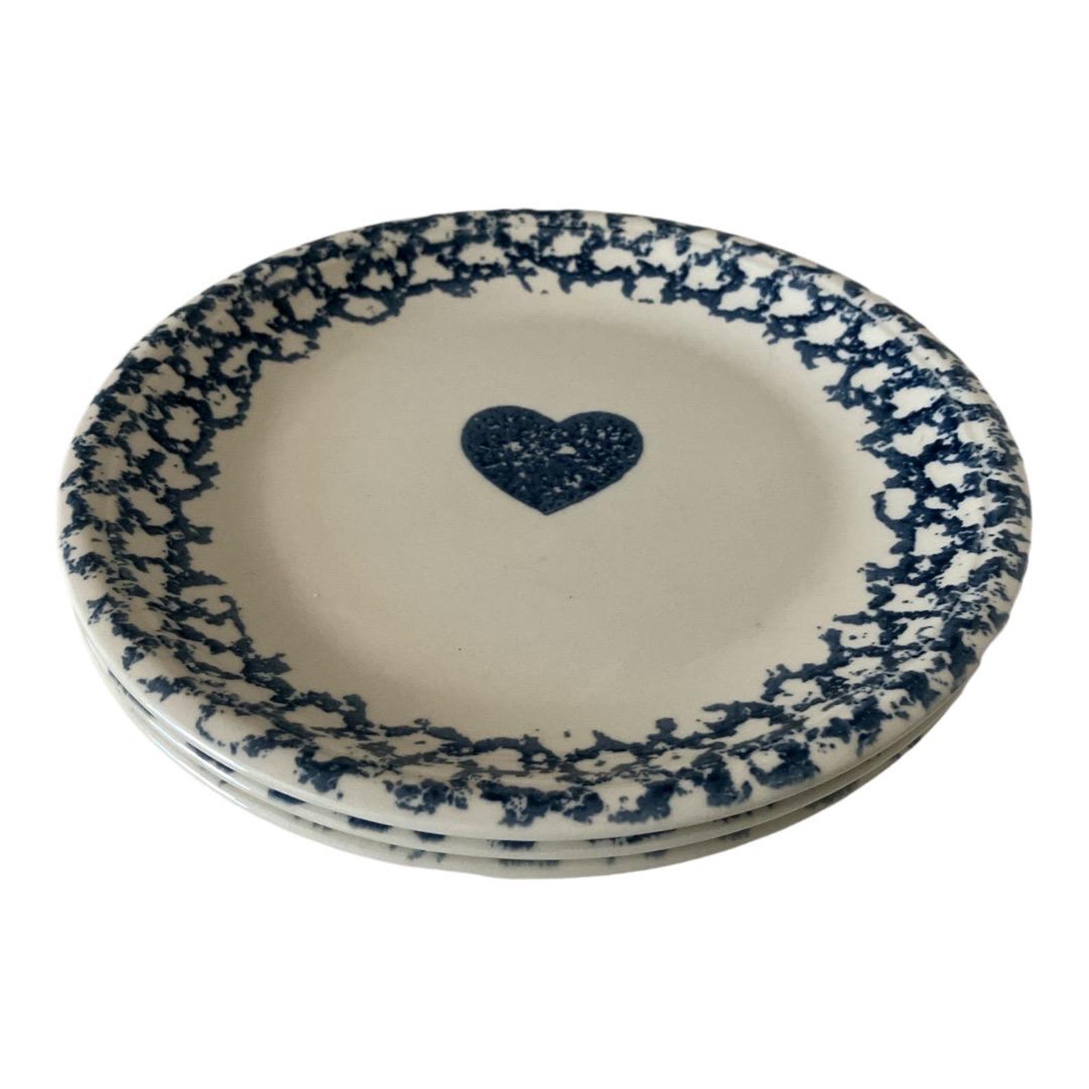 3 Vintage Folk Craft Dinner Plates Hearts Blue Sponge 10 1/4 by ...