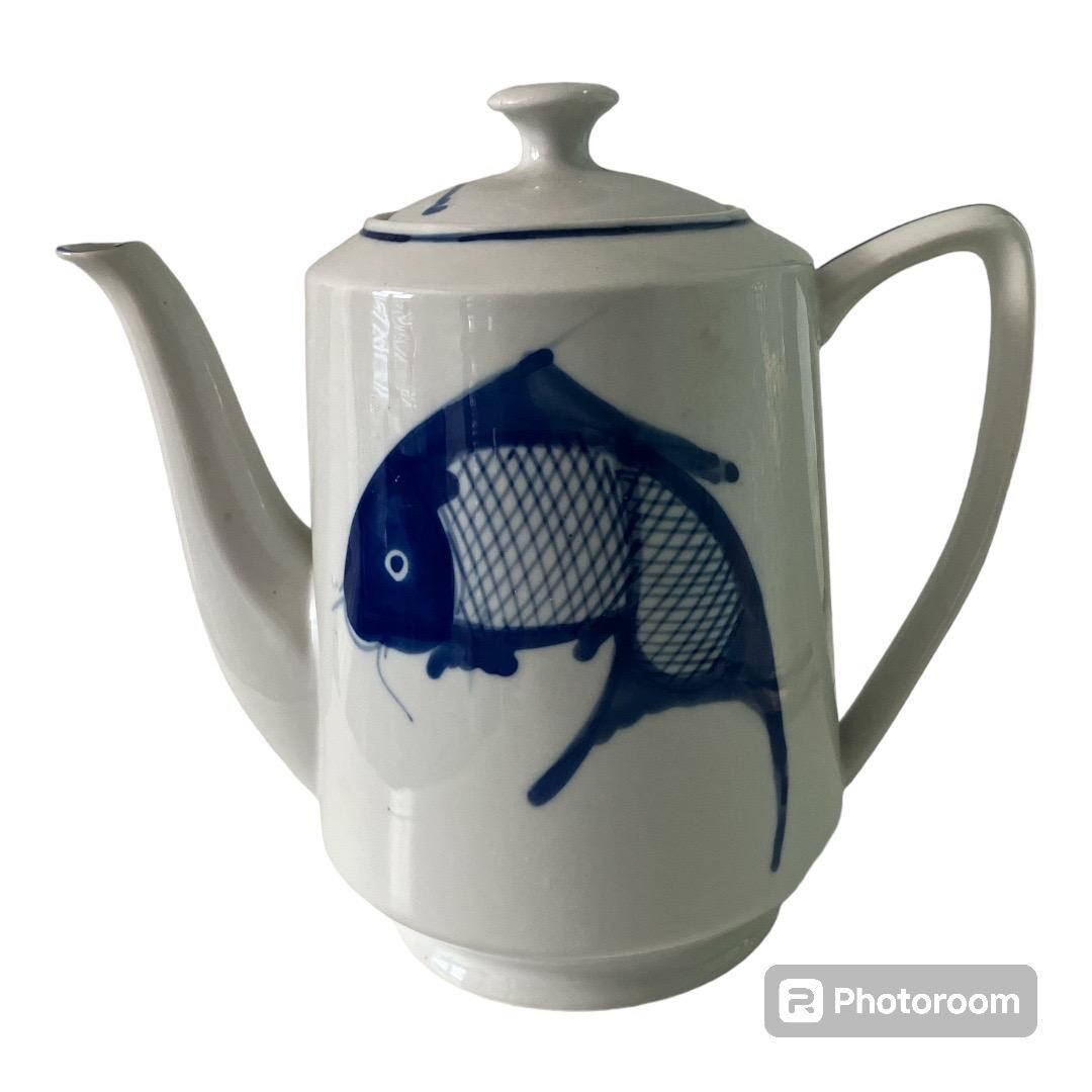 Vintage Koi Fish Tea Pot Blue & White 7 1/2 - Etsy