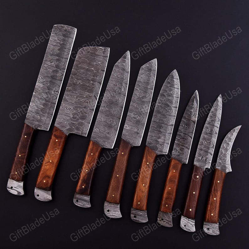 Hand Forged Damascus Steel Chef Knife Set, Walnut Wood Handle With ...