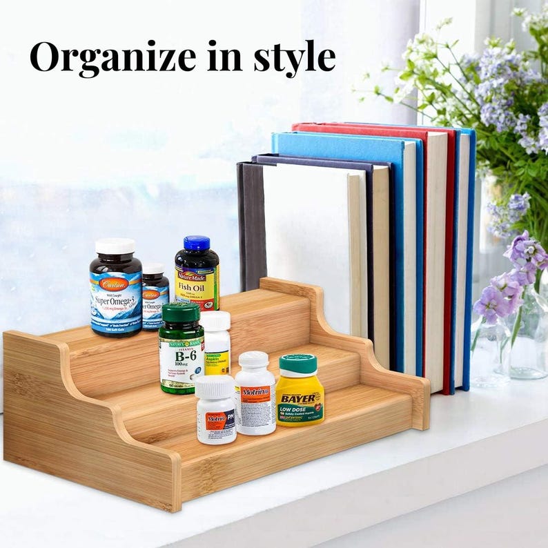 Expandable Bamboo Spice Rack – 3 Tier Kitchen Organizer, Natural Wood ...