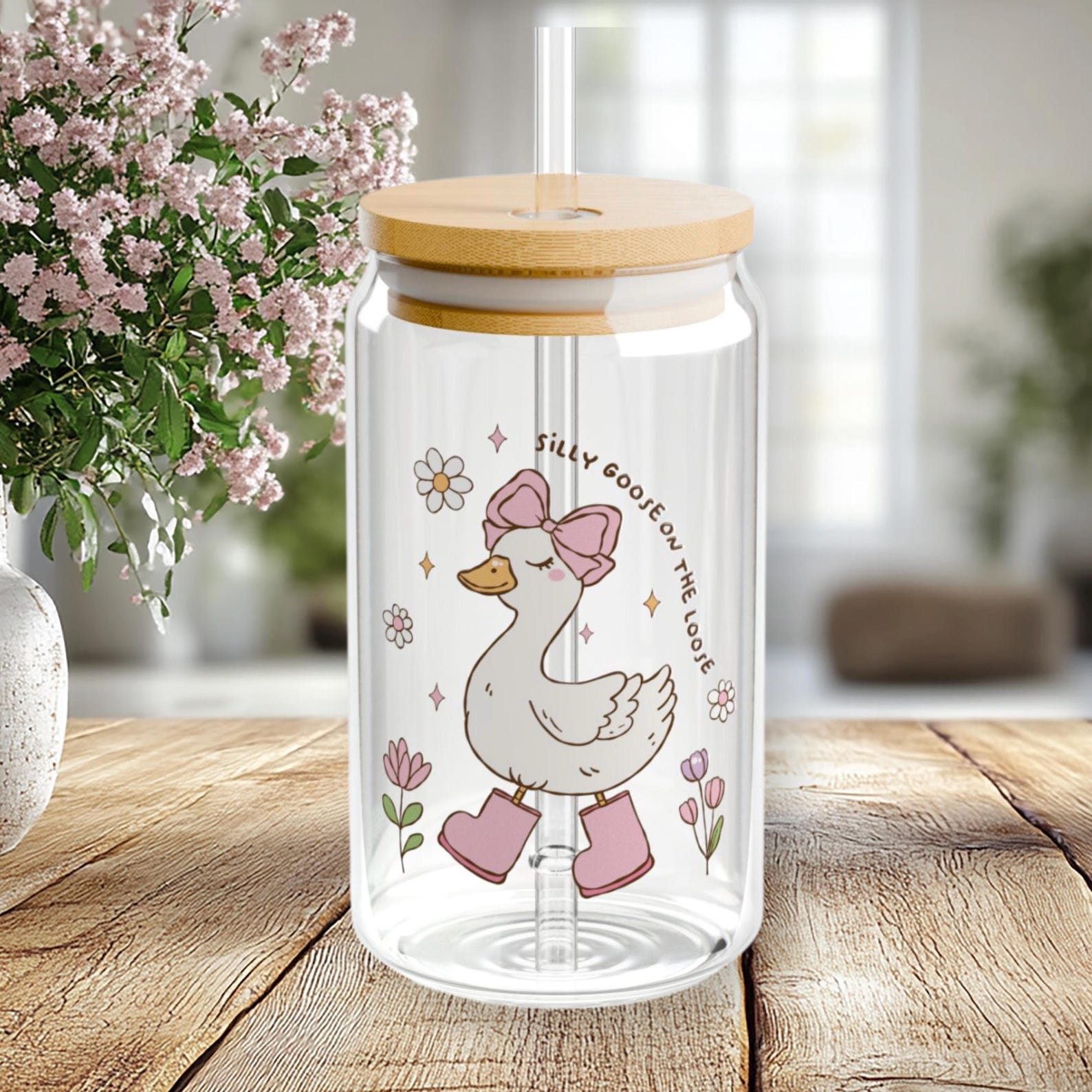 Silly Goose Glass Sipper 16oz Cup With Straw , Fun Drinkware, Girls ...