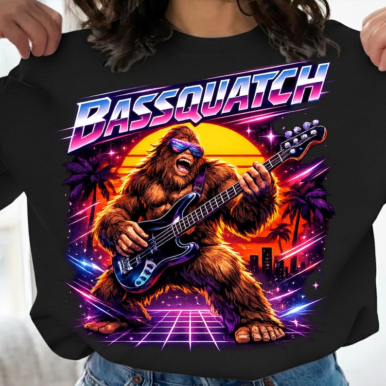 Bassquatch PNG – Retro 80s Bigfoot Playing Bass Guitar, Funny Sasquatch ...