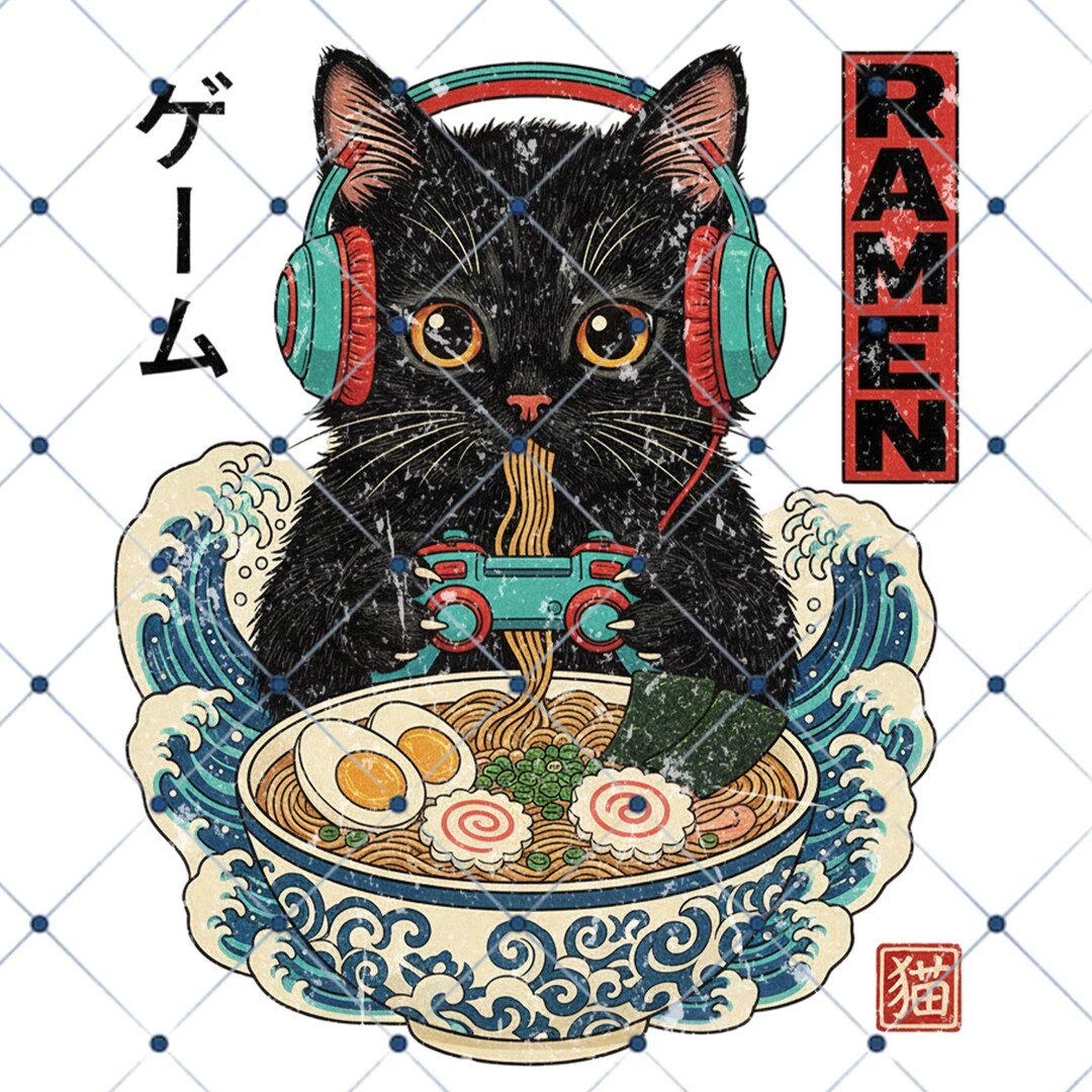 Gamer Cat Ramen PNG – Japanese Kawaii Gaming Noodle Cat Art, Retro ...