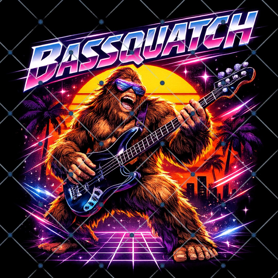 Bassquatch PNG – Retro 80s Bigfoot Playing Bass Guitar, Funny Sasquatch ...