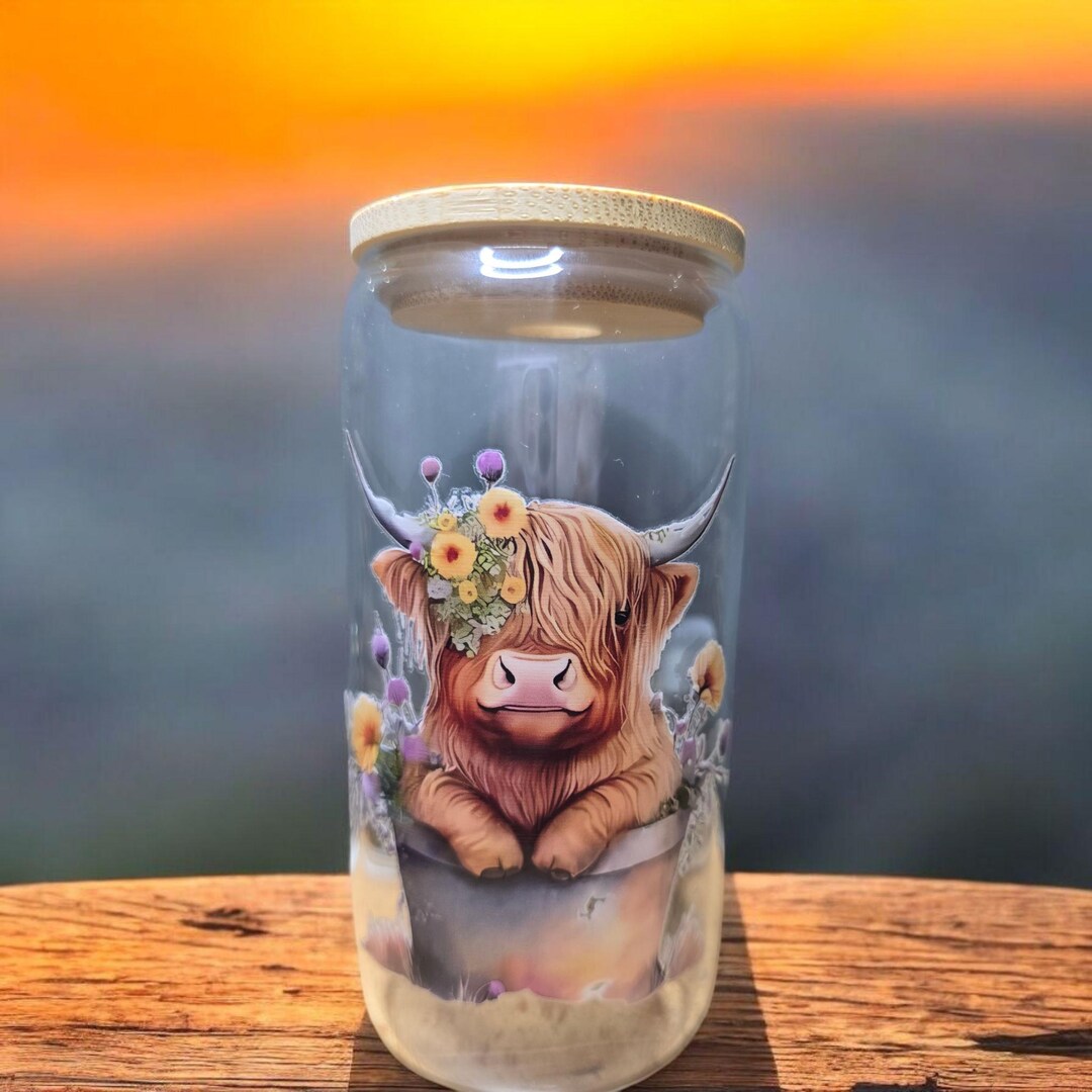 Highland Cow Glass Can With Bamboo Lid and Straw - Etsy