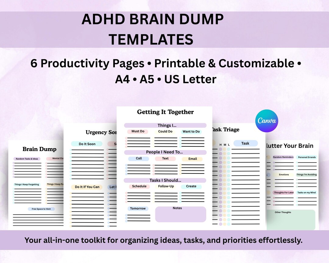 ADHD Brain Dump Planner Printable | Minimalist Daily Thoughts Organizer ...