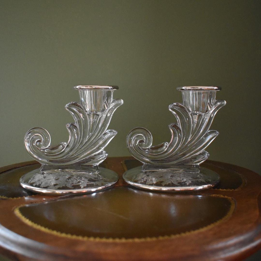 Fostoria Baroque Cornucopia Candlestick Holders With Silver Overlay ...