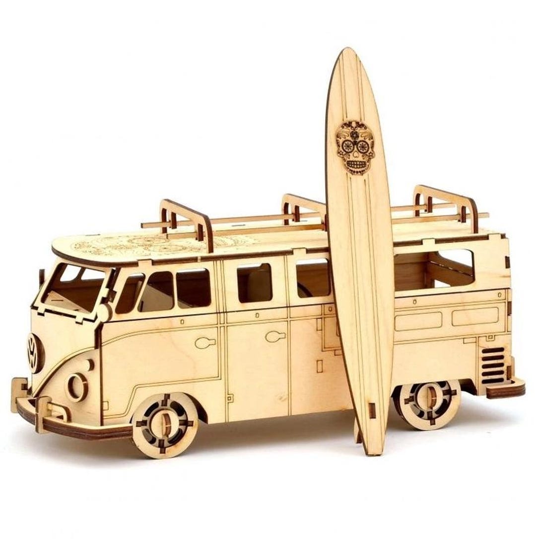 Wooden Camper Van CDR File With Surfboard – Laser Cut Retro Van Model ...