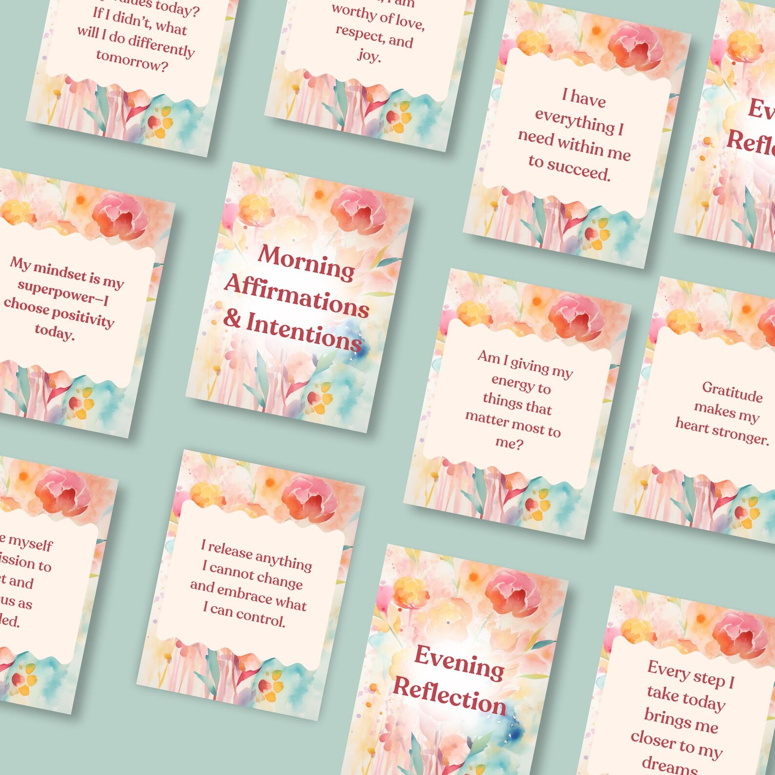 30 Watercolor Floral Affirmation Cards Printable | Morning, Midday, and ...