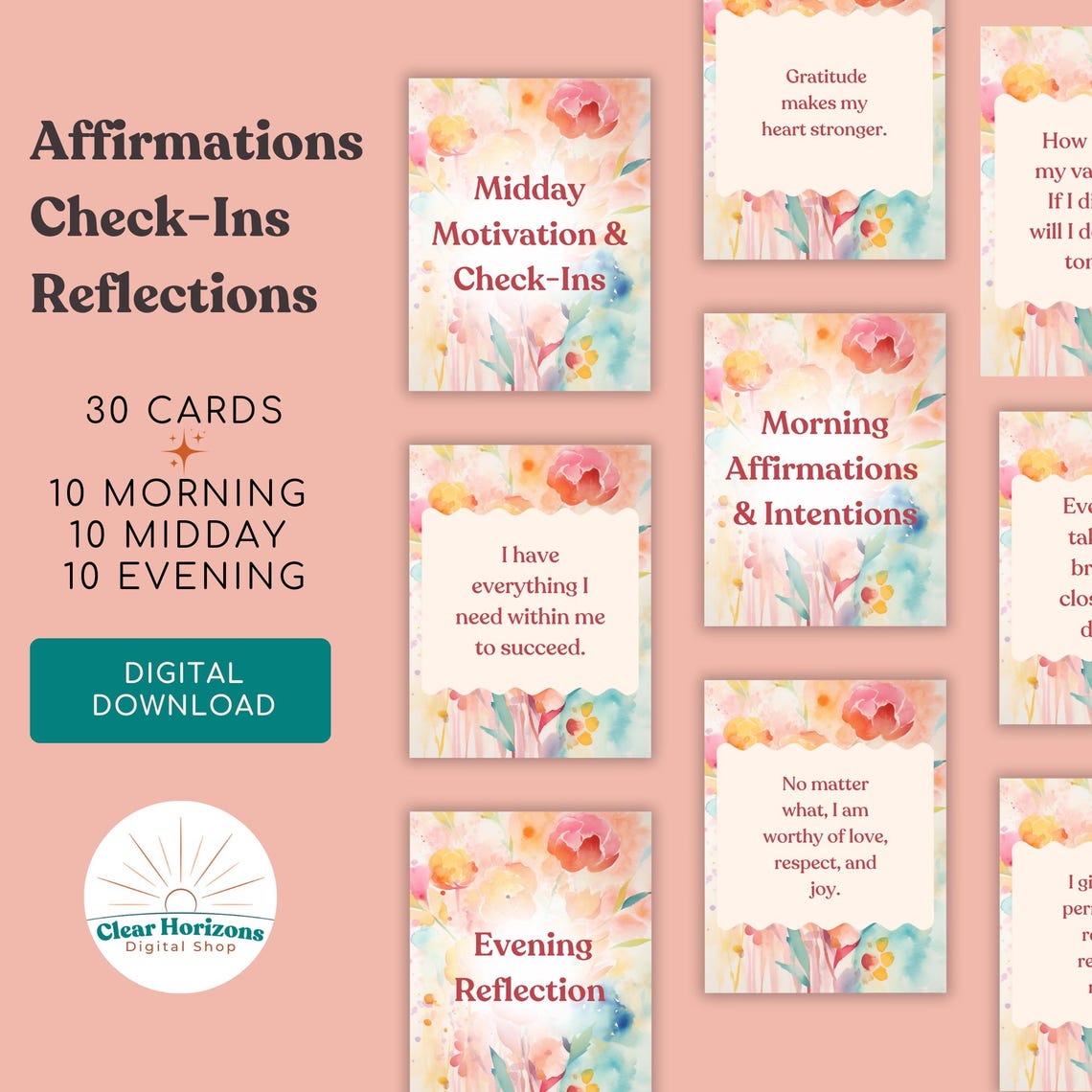 30 Watercolor Floral Affirmation Cards Printable | Morning, Midday, and ...