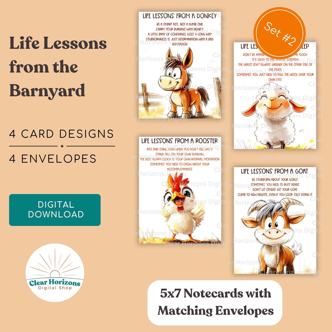 Printable 5”x7” Farm Animal Notecard Set #2 | 4 Note Cards + Matching ...
