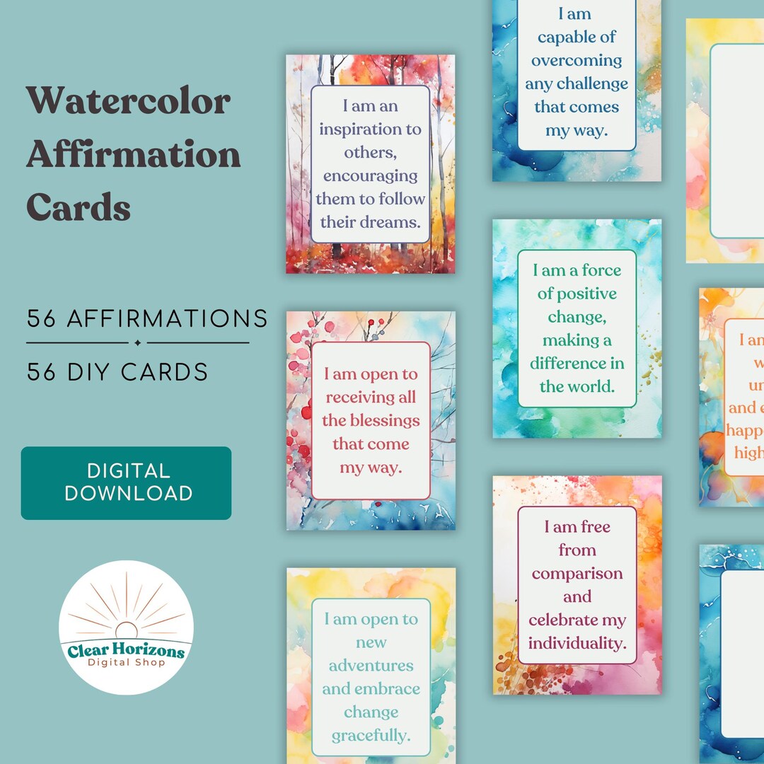 56 Watercolor Affirmation Cards Printable Set | 7 Color Schemes With ...