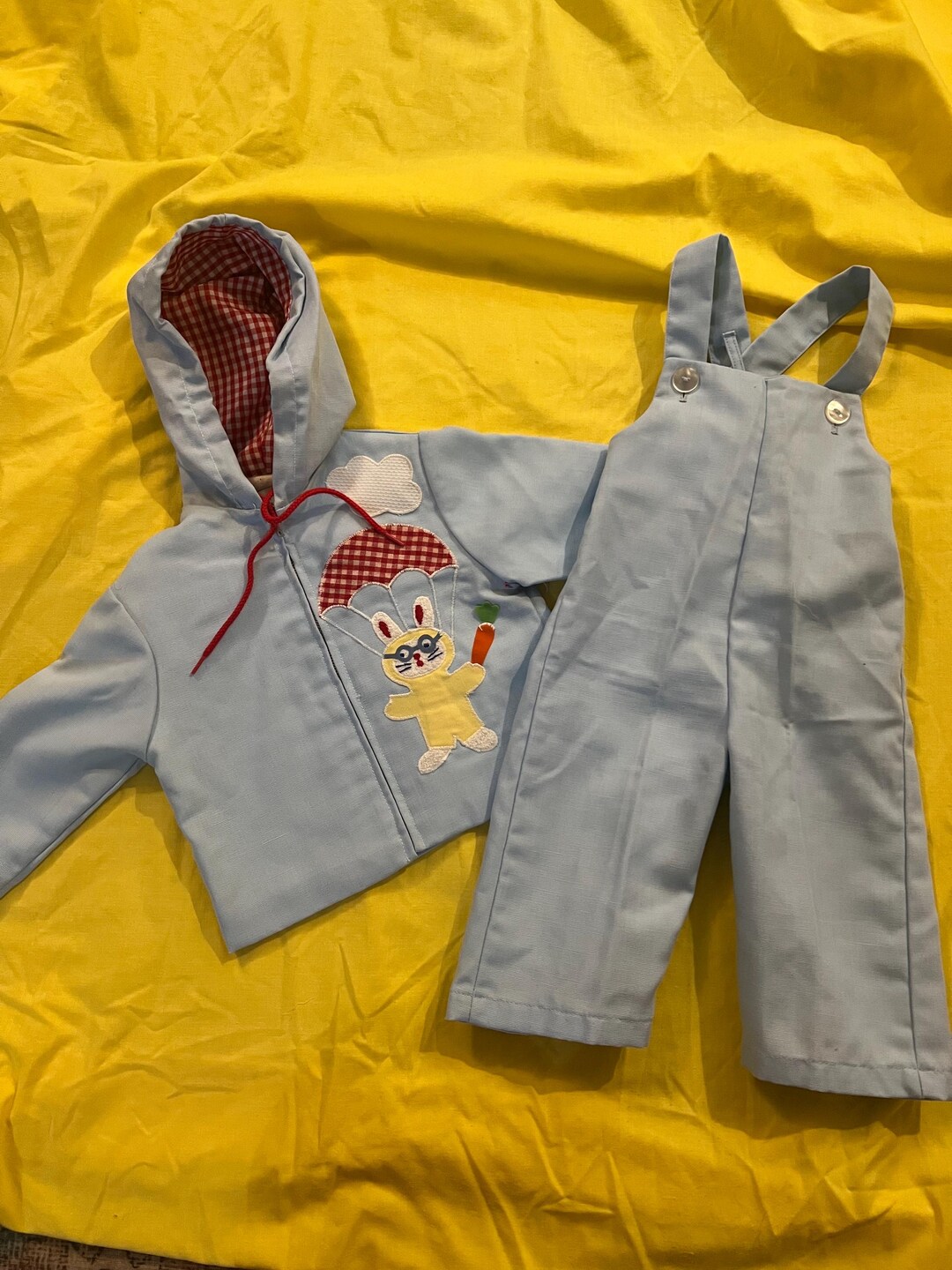 Vintage Overalls and Jacket Set. Parachuting Bunny Appliqué. Size 9-12 ...