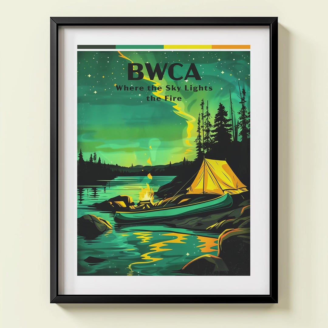 Northern Lights Canoe Camping Poster – BWCA Quetico Vintage WPA Art ...