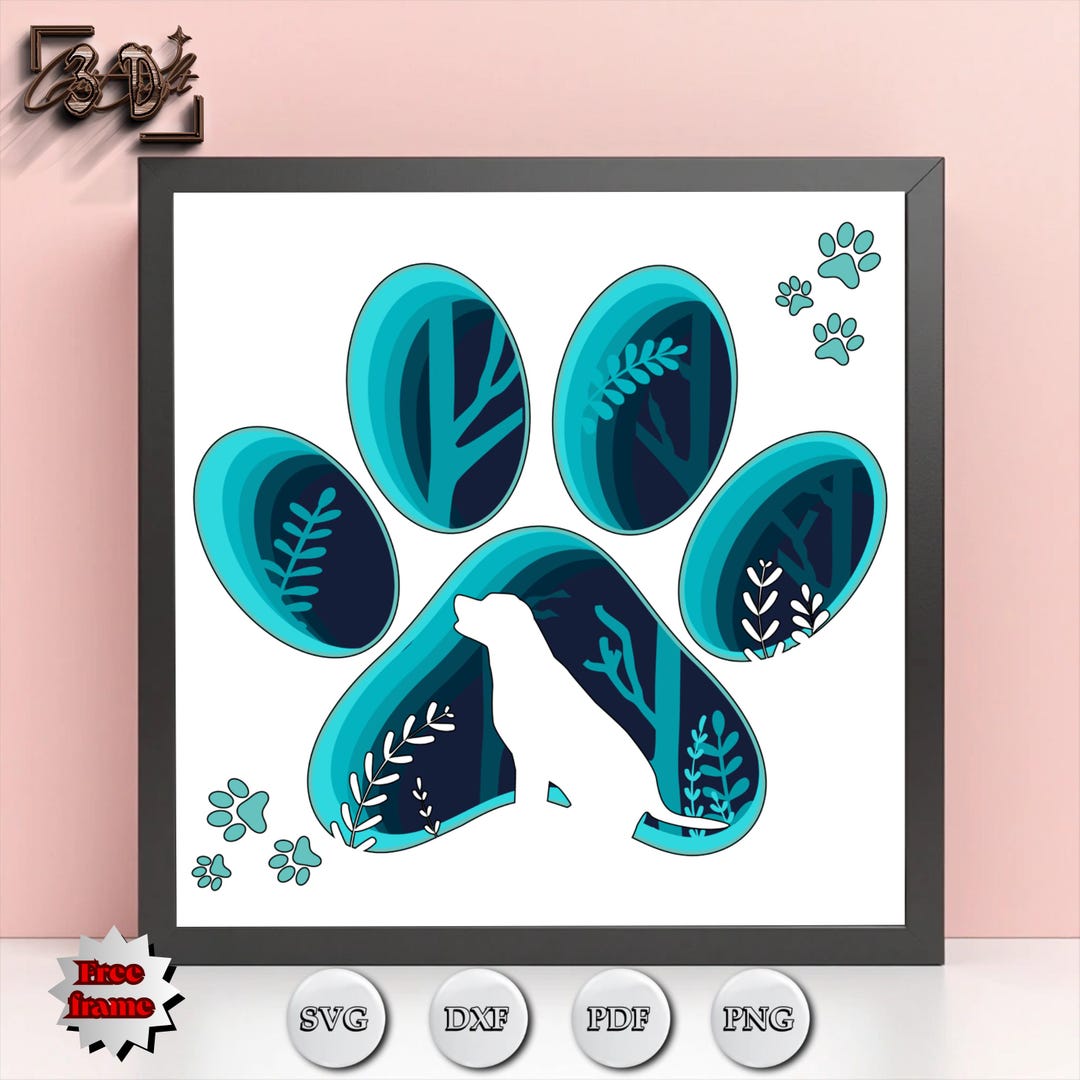 Dog Paw 3D Shadow Box SVG . Layered Paw Print With Dog Silhouette. Pet ...