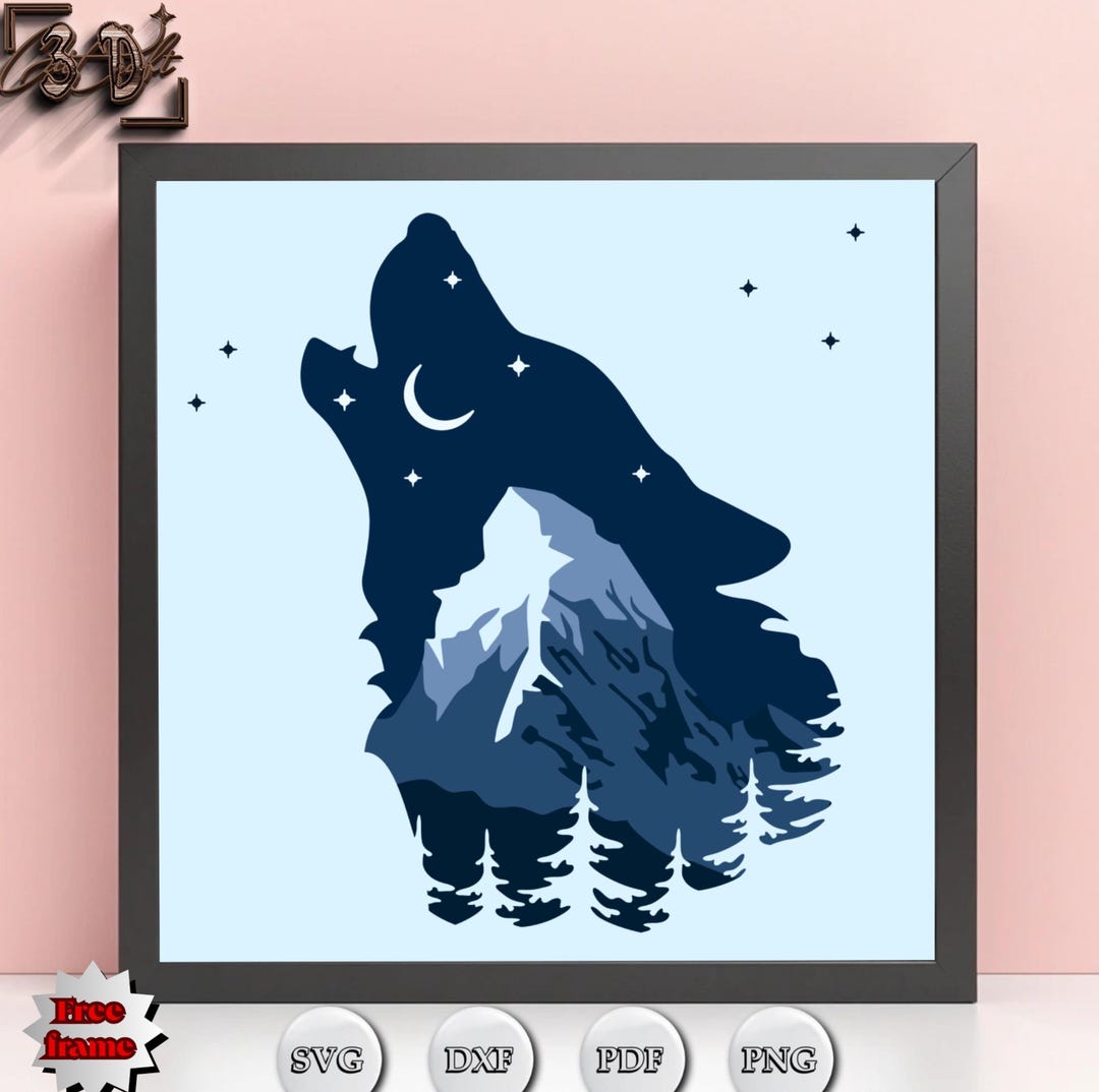 Wolf Howling Shadow Box SVG: 3D Layered Mountain & Forest Papercut ...