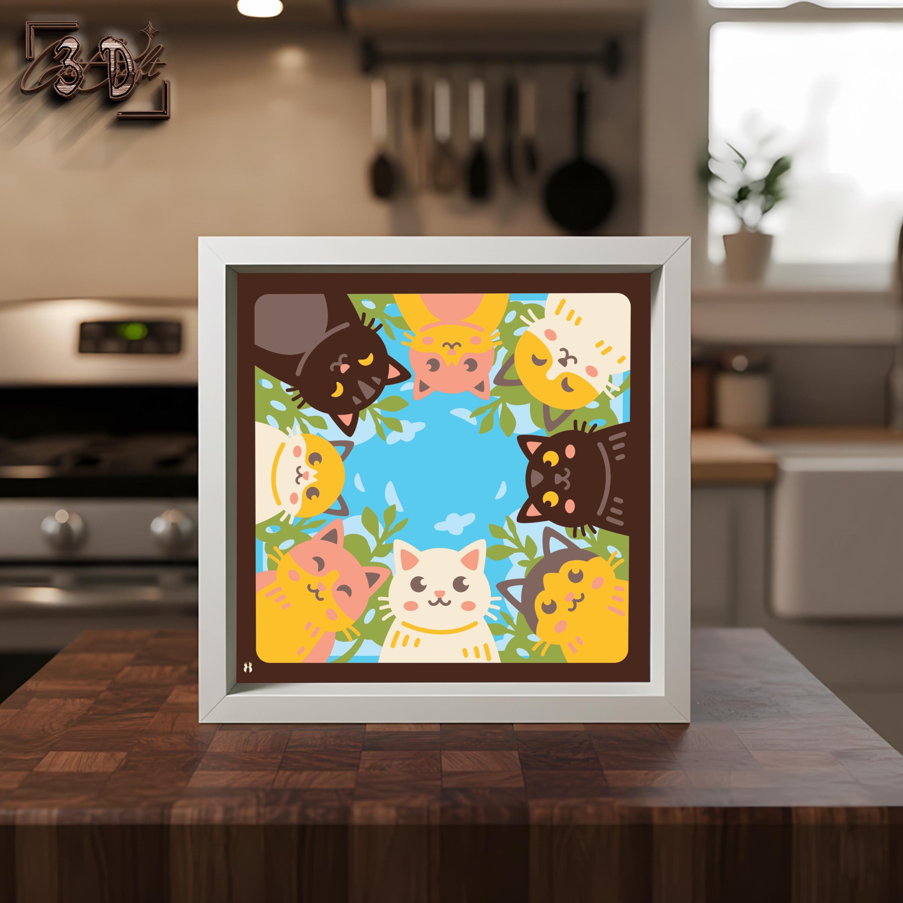 Cute Cats Circle 3D Shadow Box SVG, Layered Cat Paper Cut Template for ...