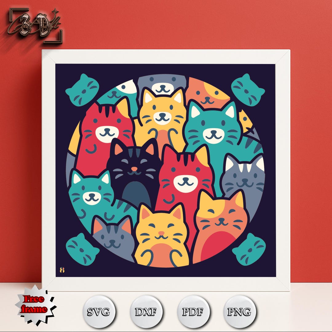 Cute Cats 3D Shadow Box SVG | Layered Cat Papercut Template for Cricut ...