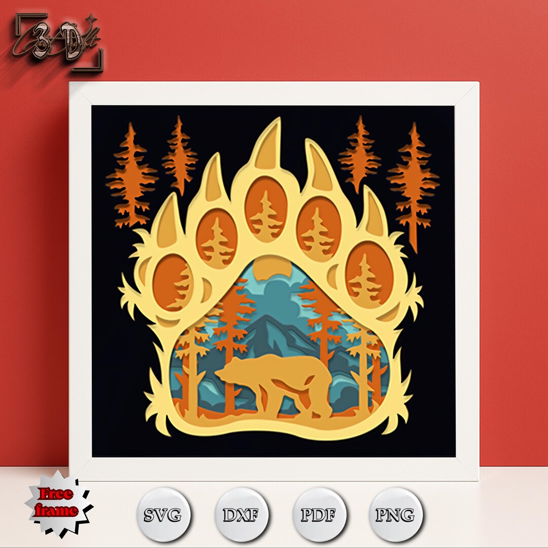 Bear Paw Shadow Box SVG | 3D Layered Wildlife Papercut | Mountain ...