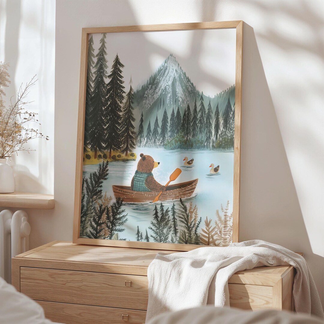 Bear in Canoe Woodland Nature Print, Animal Art Print, Playroom Decor ...