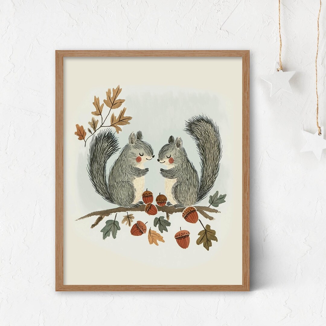 Autumn Squirrel and Acorn Illustration - Kids Wall Art, Woodland ...
