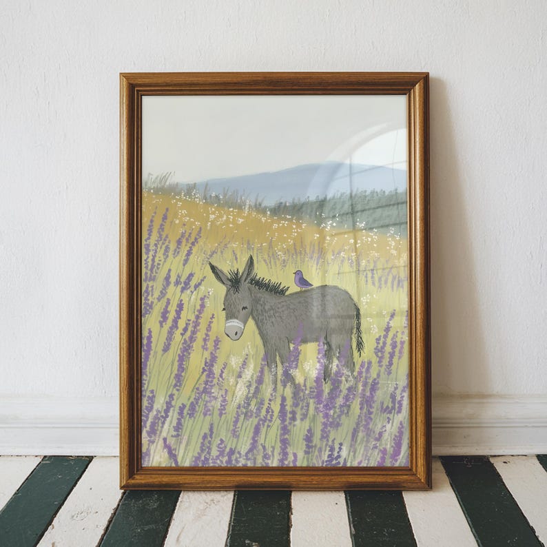 Donkey & Bird Friend Print - Nursery Animal Theme Artwork, Nature Scene ...